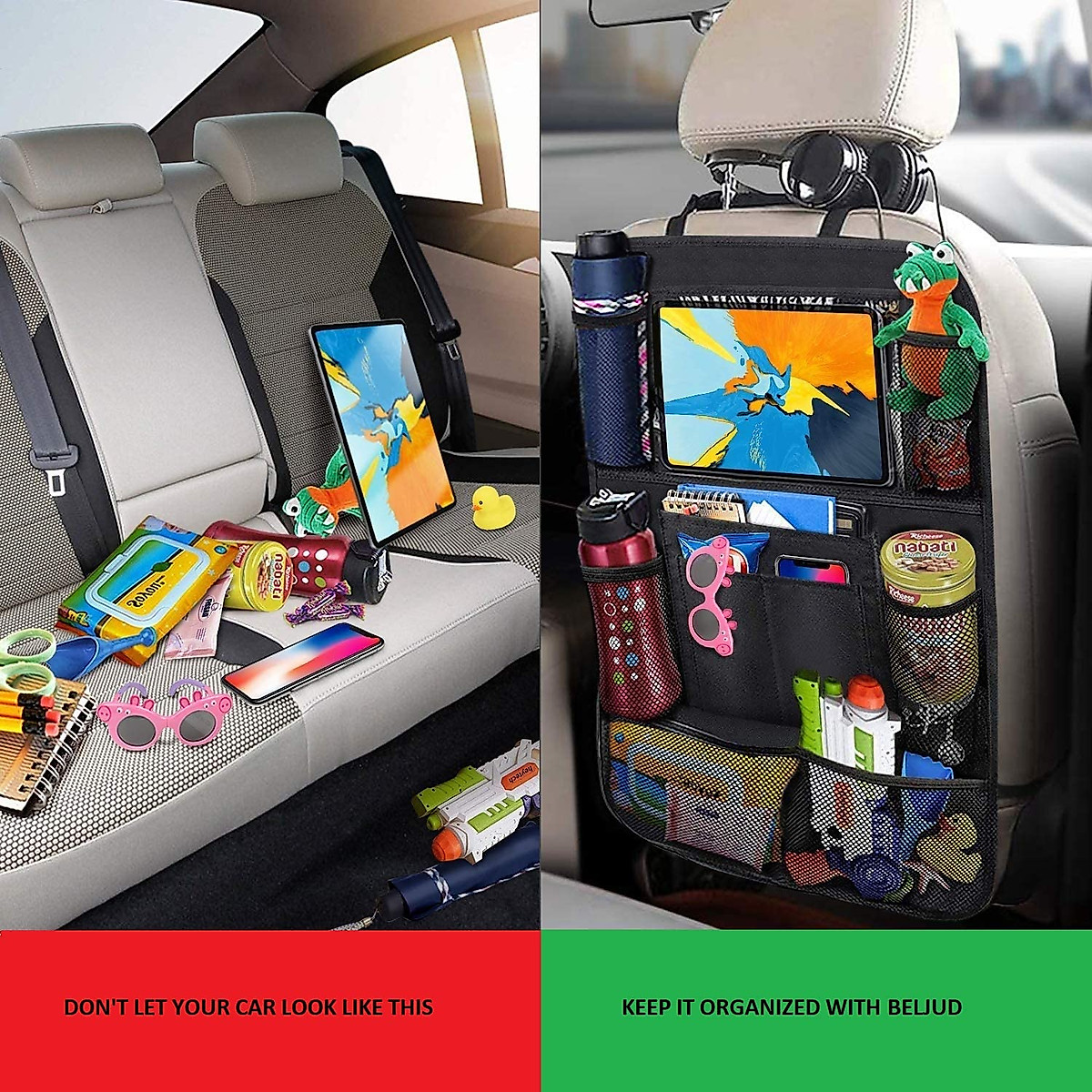 Durable Backseat Car Organizer- Kick Mats Back Seat Protector- Heavy Duty Car Organizer for Kids with Touchable Tablet Holder and Extra Storage Pockets, Car Travel Accessories, Perfect for Travel, Car