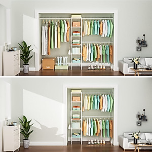 Ulif M1 Closet Storage Organizer System, 6 Tiers Heavy Duty Metal Garment Rack with 3 Expandable Hanger Rods, Wall Mounted Space Saver Suits from 5.4-8.7 ft. Width, 71.2”H x 14”D, 700LBS, White