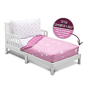 Delta Children 4 Piece Toddler Bedding Set for Girls - Reversible 2-in-1 Comforter - Includes Fitted Comforter to Keep Little Ones Snug, Bottom Sheet, Top Sheet, Pillow Case - Pink Blushing Star