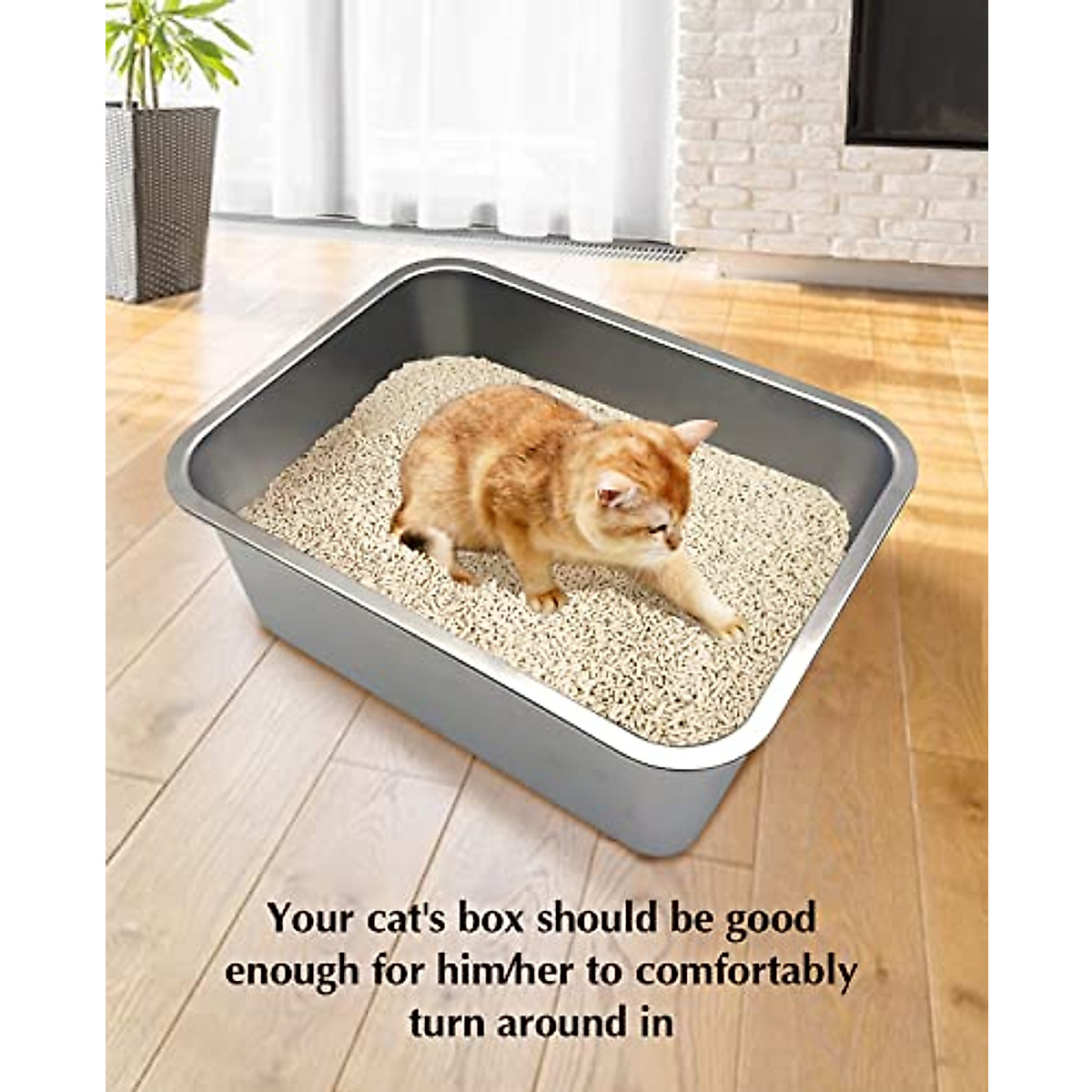 VCEPJH Stainless Steel Litter Box for Cats Metal Litter Pan with High Sides for Odor Control Non Stick Easy to Clean Rustproof (15.7'' x 11.8'' x 5.9'')