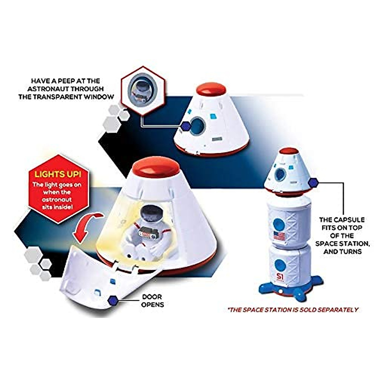 ASTRO VENTURE Space Playset - Toy Space Station & Space Capsule with Lights and Sound & 2 Astronaut Figurine Toys for Boys and Girls