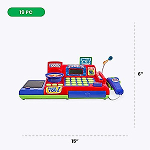 Boley Kids Toy Cash Register Set - Interactive 19pc Red Playset with Scanner, Microphone, Calculator, Play Money, Credit Card Reader, Grocery Items, Ideal for Boys & Girls Ages 3+