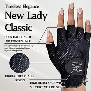 XEIRPRO New Lady Classic Women's Black Half Finger Golf Gloves - Tacky & Breathable Women's Golf Gloves Weather - Worn on Left (Black/Black, Small)