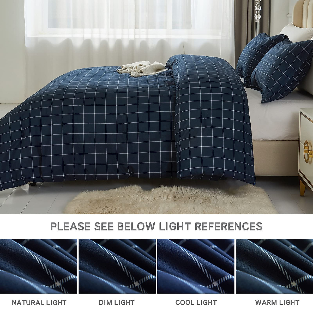 Andency Navy Grid Comforter Set Full Size (79x90 Inch), 3 Pieces(1 Grid Comforter and 2 Pillowcases), Summer Lightweight Microfiber Down Alternative Navy Comforter with White Lines
