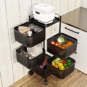 clinmday Rotating Storage Rack for Kitchen, 5-Tier Multi Layer Removable Basket Shelf Organizer on Rolling Wheels Rolling Shelf for Fruit Vegetable Grocery Corns Potato Onion (5-Tier, Black) Black 5-