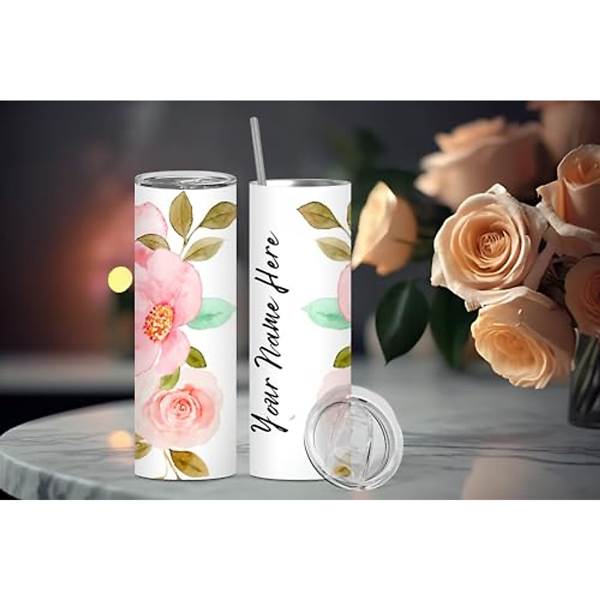 Personalized Flowered Skinny Tumbler 20Oz, Stainless Steel with lid, Straw, Brush and Non-Slip Base. Keep Drinks Hot or Cold. Use like Water Bottle, Coffee Mug, Travel Mug, Wine Cup. (Light Pink)
