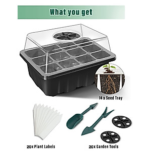 14 Packs Seed Starter Tray, 168 Cells Total Tray, Seed Starting Kit with Adjustable Humidity Dome and Base Plant Starter Kit Mini Greenhouse Germination Kit with 2 Garden Tools and 20 Plant Labels