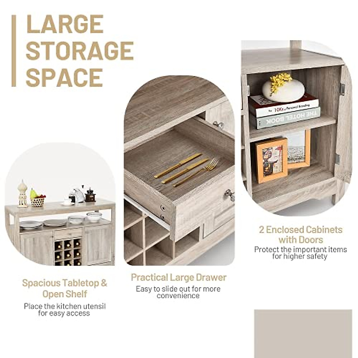 ReunionG Buffet Sideboard, Wine Console Table, Wooden Kitchen Organizer w/2 Cabinets, 1 Drawer and 9 Wine Cabinets, Farmhouse Storage Cupboard, Wine Rack, Server Table, Dining Room Furniture (Gray)