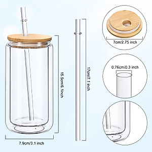 Didaey 12 Pcs Sublimation Blanks Glass with Bamboo Lid Plastic Straw Double Wall Sublimation Glasses Tumbler Cups Drinking Can Jars for Juice Beer Soda Iced Coffee Snow Globe DIY Gift (Wood,12oz)
