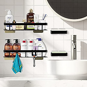 ZVOSOO Shower Caddy, Rustproof Black Bathroom shower organizer,Stainless Steel Shower Shelves with 3 Hooks & 2 Soap holders,No Drilling Traceless Adhesive Shower caddy basket,Shower Storage Organizer