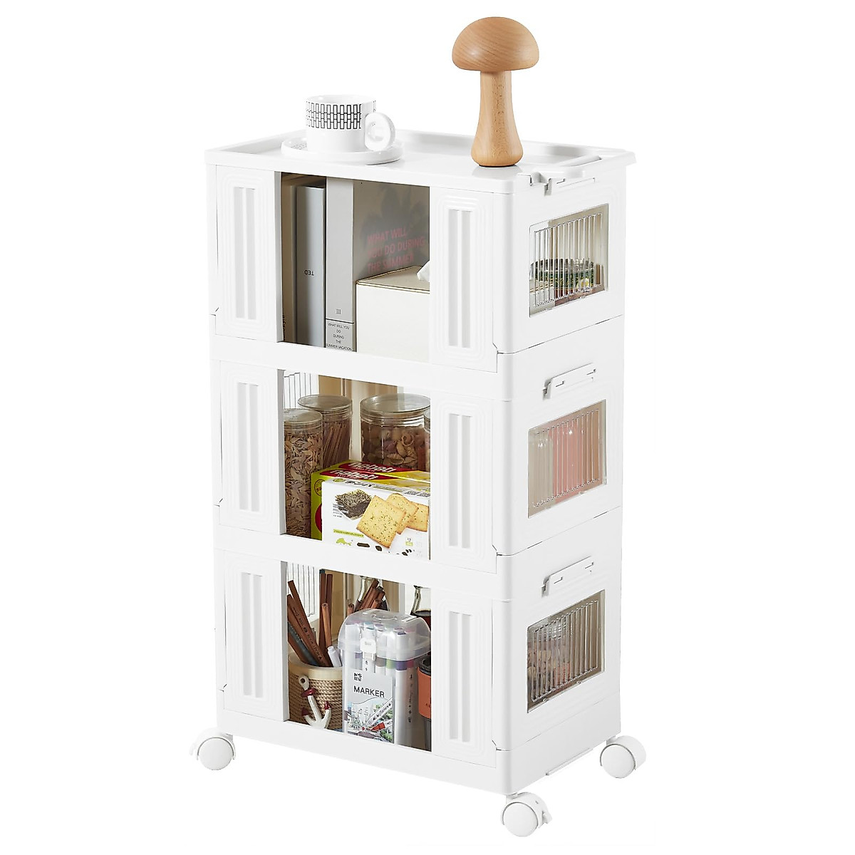 Bagnizer 76qt Plastic Storage Container, No Door 3 Tier Stackable Folding Storage Bin with Lid, Collapsible Storage Box with Wheels for Bedroom, Living Room, Office, Off White, 16 x 10 x 29”