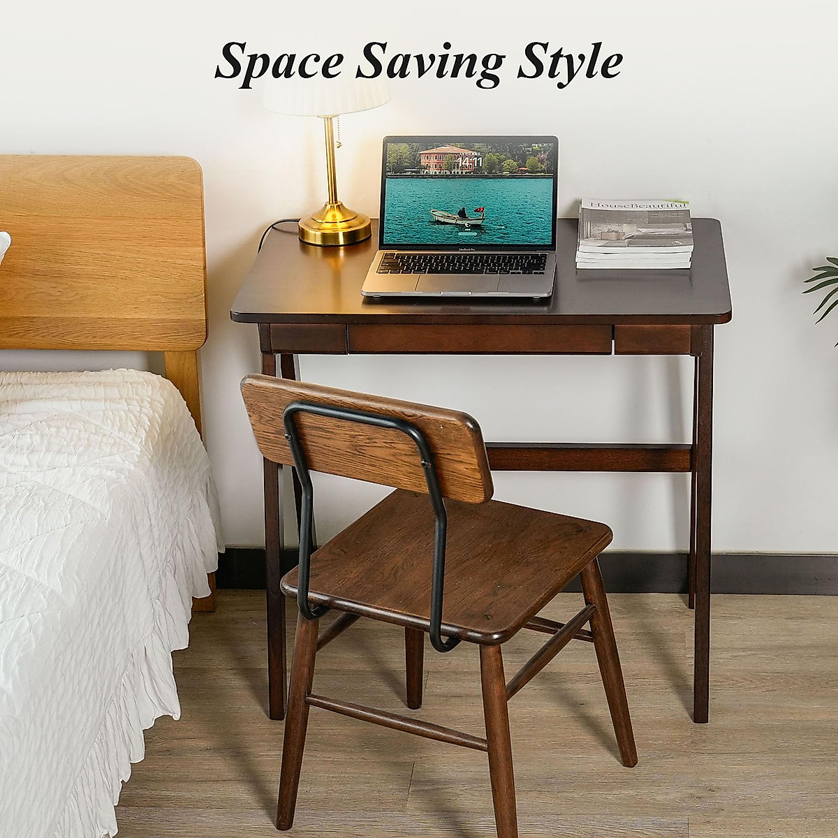 Cttasty Computer Desk with Drawers, Solid Wood Writing Desk, Mid Century Modern Home Office Desks, Oak Study Table, Small Desk for Bedroom, 29.1 H x 31.5 W x 19.7 D Inches, Walnut