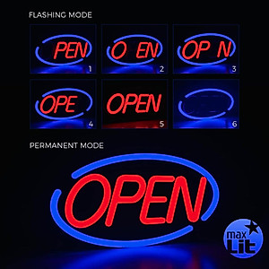 MaxLit 23'' X 12'' New Ultra Bright Oval LED Neon Sign - OPEN - Remote Controlled (Blue/Red)