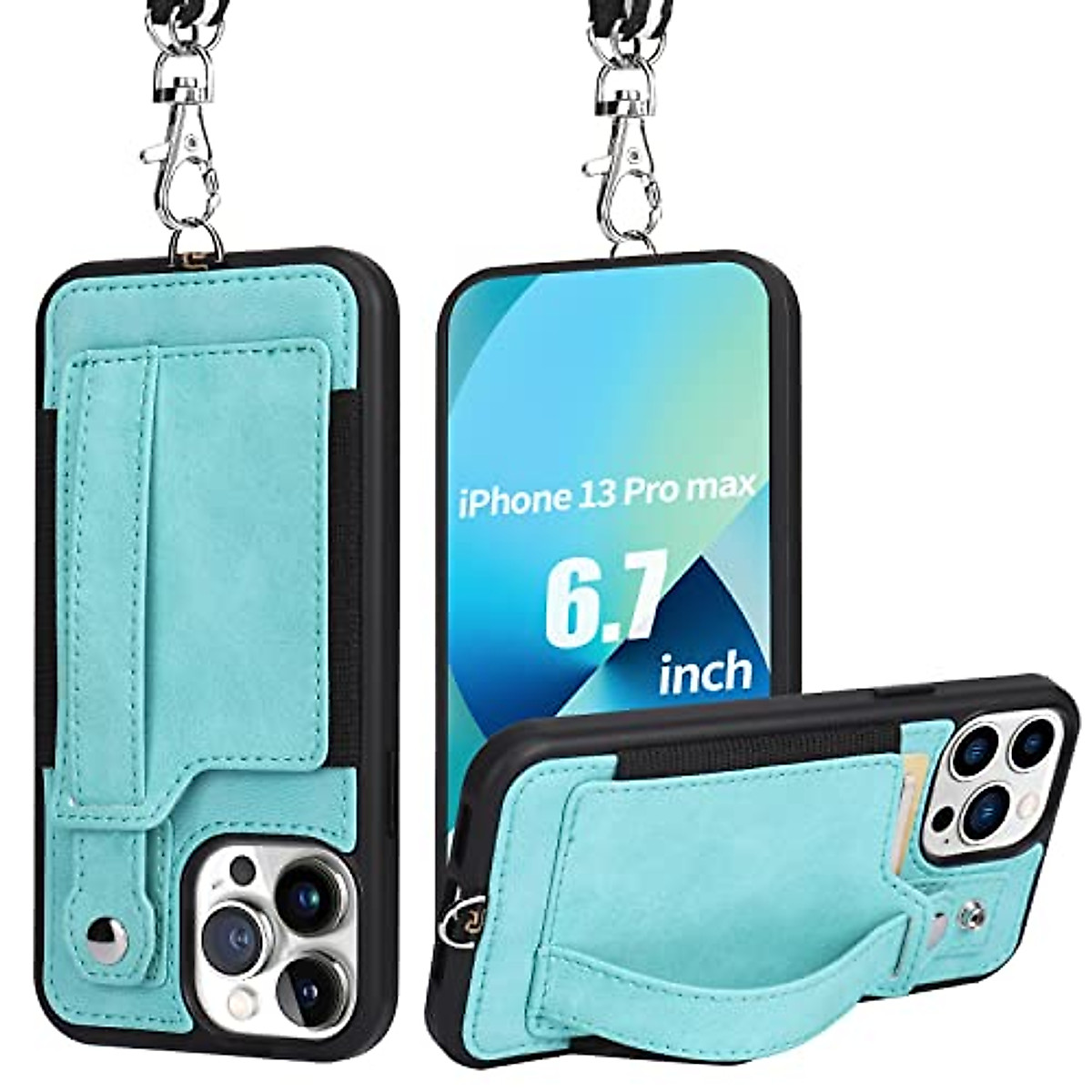 TOOVREN iPhone 13 Pro Max Case Wallet, Compatible with iPhone 13 Pro Max Case with Card Holder Kickstand Adjustable Detachable Necklace, iPhone Lanyard for iPhone 13 Pro Max 6.7 inch 2021 Green