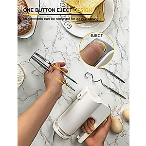Hand Mixer Electric, MOSAIC Mixer with Cord & Attachments Storage and 4 Stainless Steel Accessories, Easy Eject Handheld Mixer for Whipping Mixing Cookies, Brownies, Cakes, Dough (White)