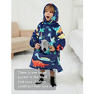NOUKOW Wearable Blanket Hoodie for Toddlers Oversized Sherpa Blanket Sweatshirt Flannel Sweater Blanket 2-6 Years Old Boy Birthday Gifts Dinosaur