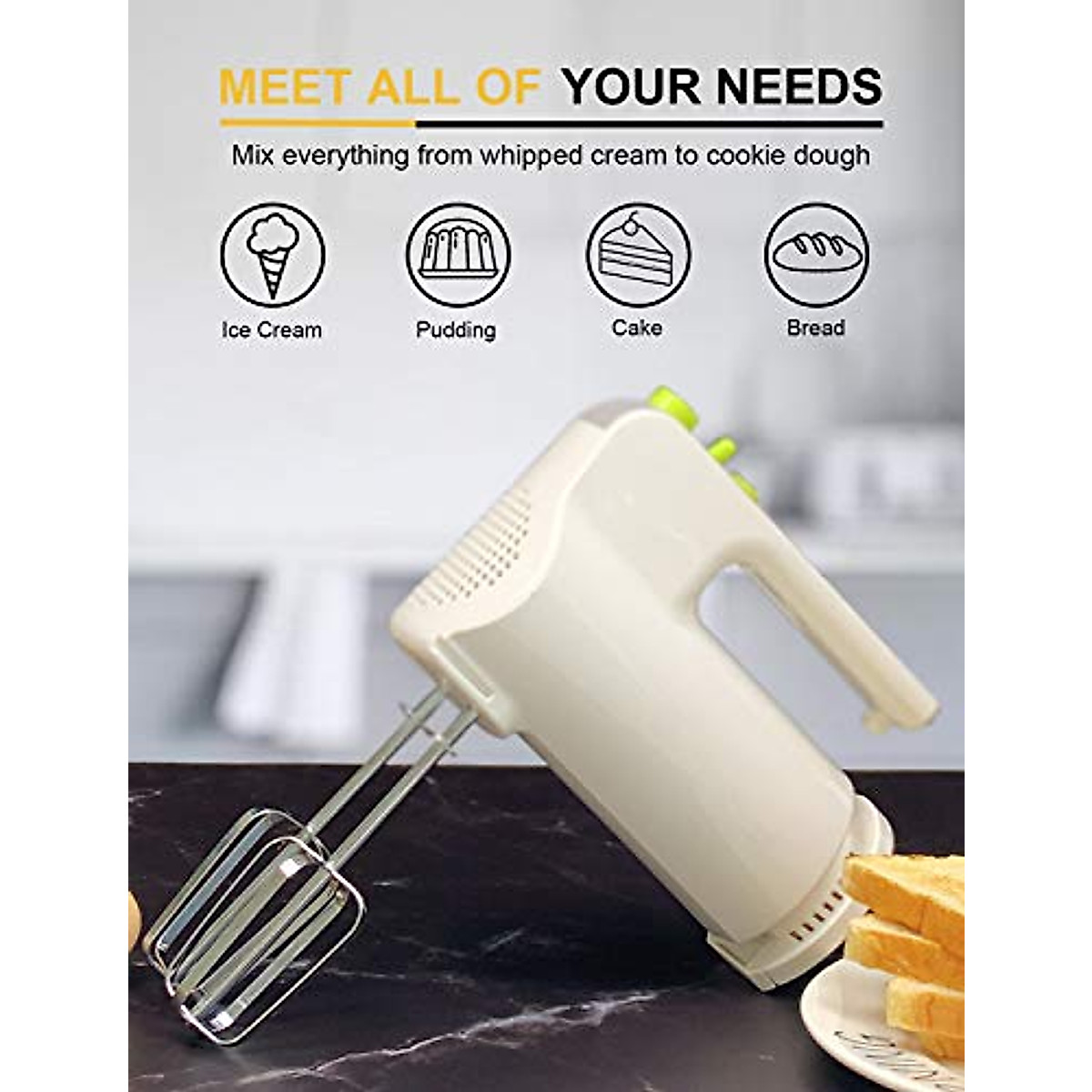 Hand Mixer Electric, MOSAIC Mixer with Cord & Attachments Storage and 4 Stainless Steel Accessories, Easy Eject Handheld Mixer for Whipping Mixing Cookies, Brownies, Cakes, Dough (White)