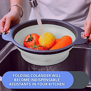 Round Silicone White Colander Collapsible – Foldable White Kitchen Strainer Small Collapsible Colander with Plastic Handles for Draining Vegetable and Fruit Silicone Kitchen Strainer for Pasta