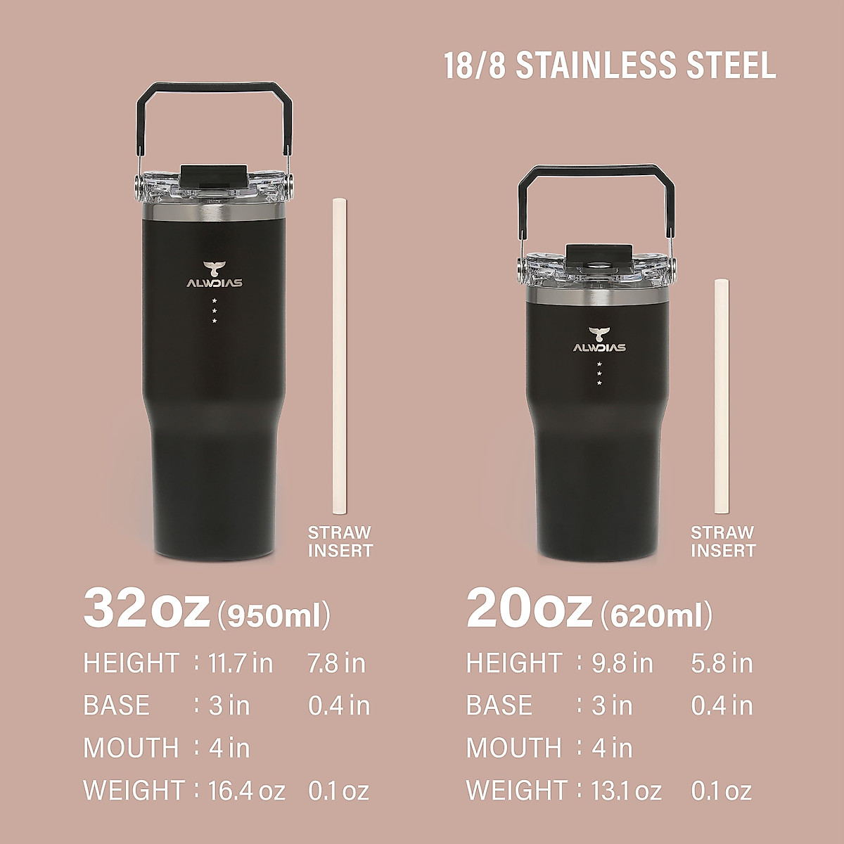 Alwdias Samsta Stainless Steel Tumbler with Handle and Straw | Leakproof Vacuum Insulated Water Bottle | Keep Cold 24H | Cup Holder Friendly Double Walled Travel Mug | 32 oz, Black