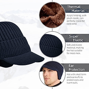 AkiiGer Men's Winter Hat Beanie with Brim, Warm Earflaps Hat for Men, Thick Fleece Lined Knit Beanie Outdoor(Navy Blue)