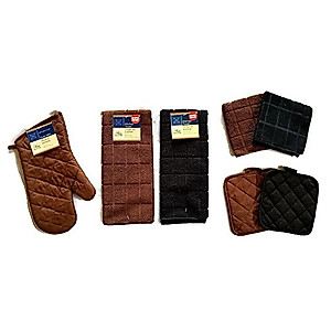 Kitchen Linens Set by Home Collection Featuring: 2 Kitchen Towels, 2 Pot Holders, 1 Oven Mitt, 2 Dishcloths (7 Piece Bundle, Solid Brown & Black)
