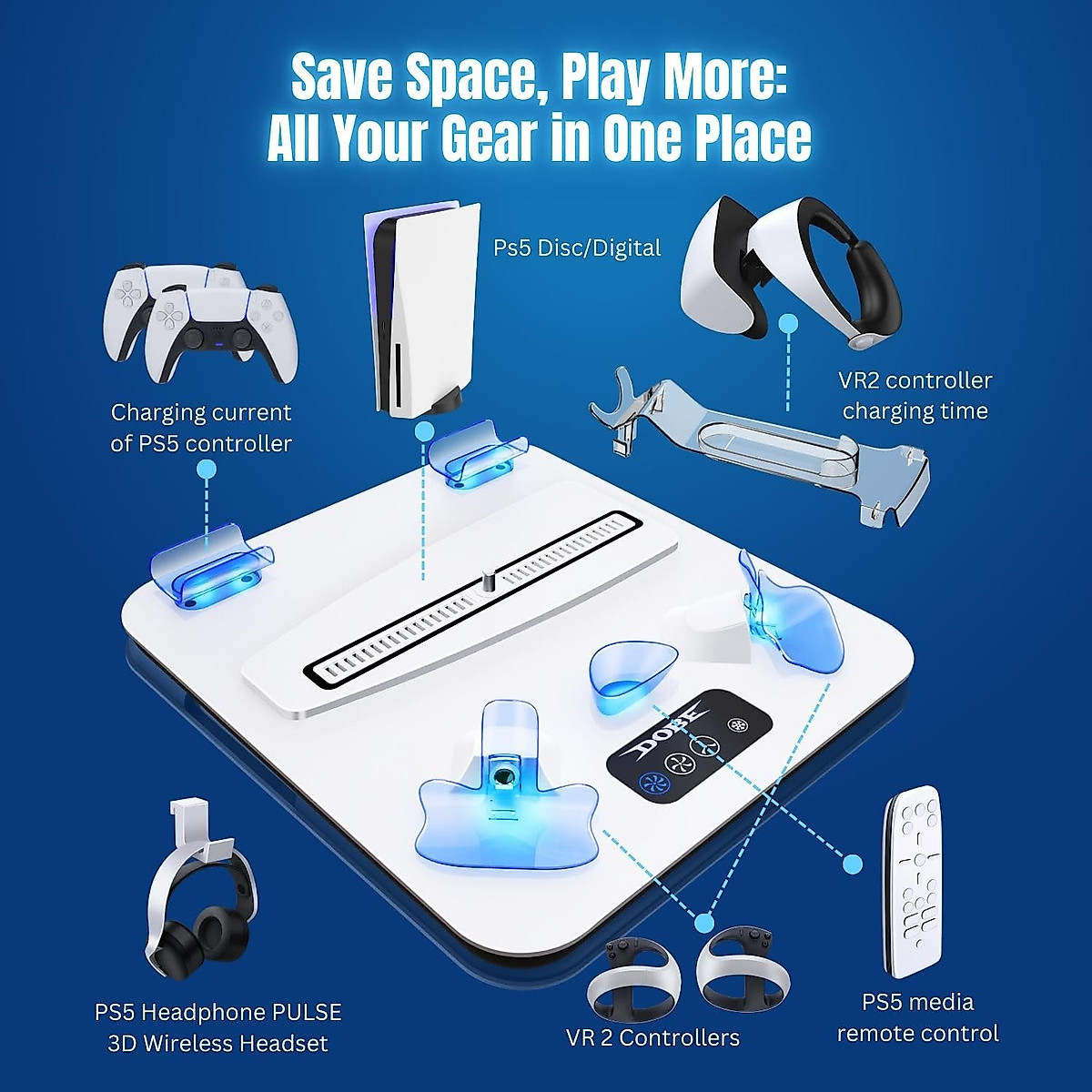 TNP Cooling Stand for PlayStation 5 with Cooling Fan & Charging Station - 4 Speed Modes Cooling Fan for PS5, Multiple Controller Charger Stand for PS5 Controllers, Display Stand for PS5 Headset