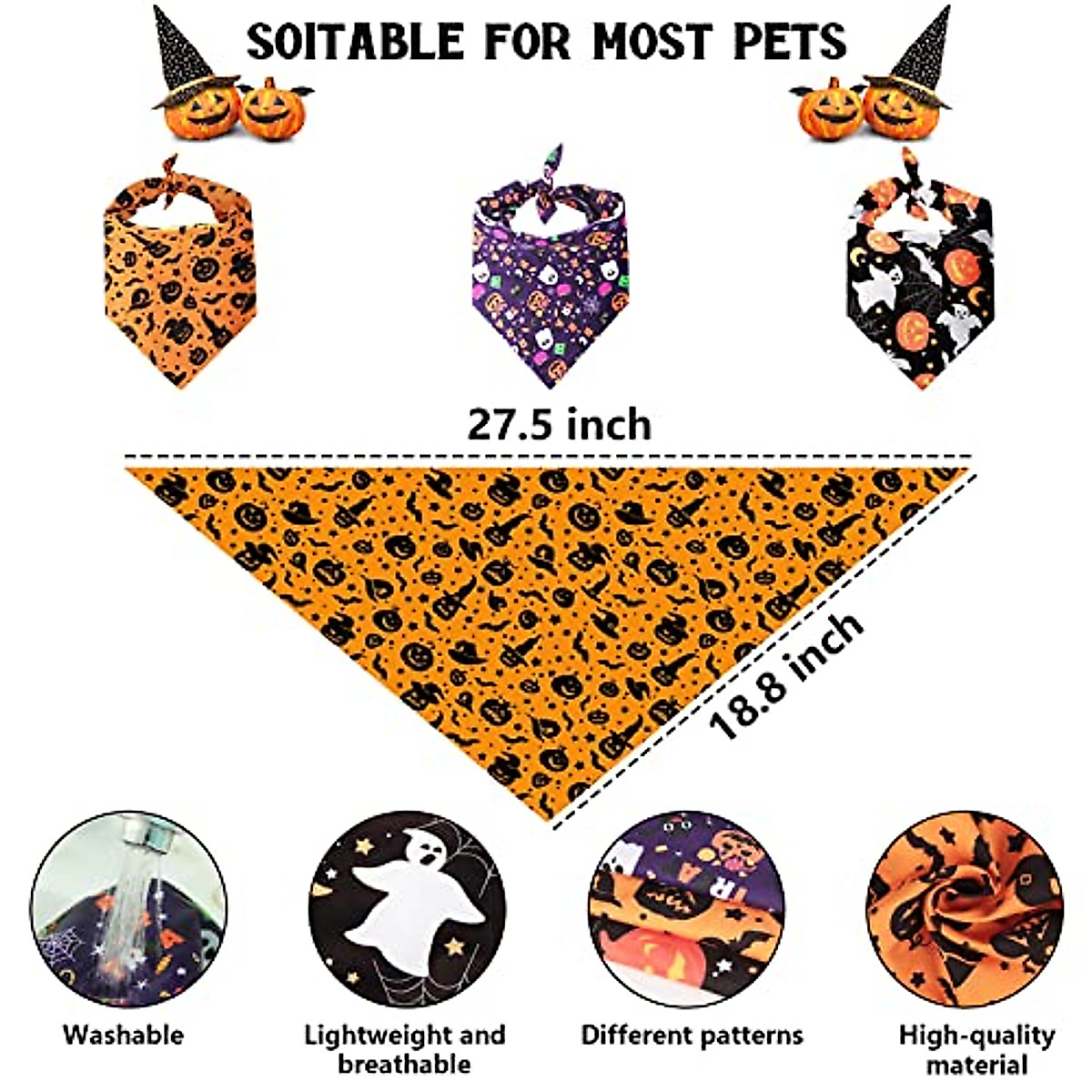 3 Pack Halloween Dog Bandanas, XIEJ Triangle Reversible Bandannas for Dogs, Soft and Breathable Adjustable Halloween Pumpkin Ghost Patterns Printing Dog Handkerchief for Medium Large Dogs