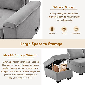 Ball & Cast 85" Sectional Sofa W/Movable Storage Ottoman,Velvet L-Shaped Corner Couch with Hidden Arm Storage & USB Charge,for Living Room,Bedroom,Gray