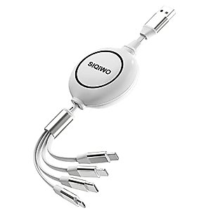 SIQIWO 2.9FT Multi Retractable Fast Charger Cord 3A, One-Way Retractable 4-in-1 USB Charging Cable for 2IP Type C Micro USB Compatible with Cell Phones/Tablets/Samsung Galaxy/Google Pixel/Sony/LG/PS4