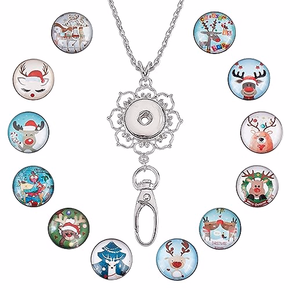 SUNNYCLUE 1 Box 12 Styles Christmas Lanyard Reindeer Snap Button Lanyards ID Badge Holder Breakaway Keychain Lanyard Set Office Stainless Steel Necklace Chain Cartoon Lanyard for ID Badges Men Women
