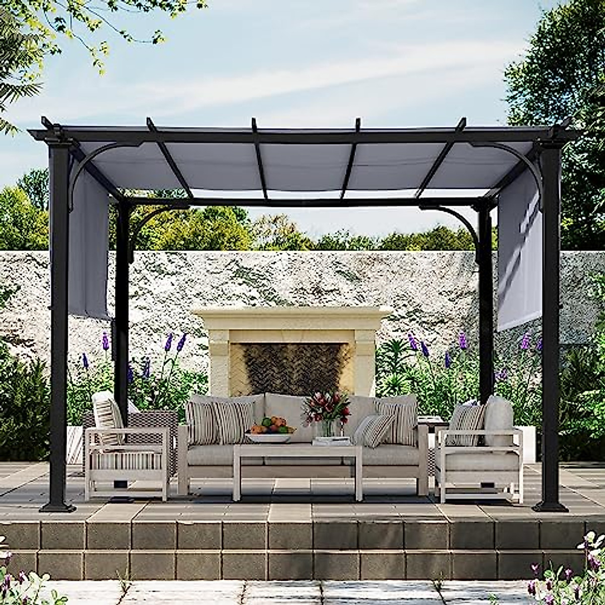 GAZEBEST 10' x 10' Patio Pergola with Retractable Canopy and Weather-Resistant Steel Frame, Backyard Sun Shade Canopy Cover Shelter for Porch Party, Garden, Grill Gazebo,Gray
