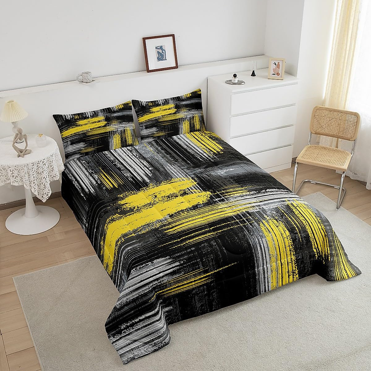 Feelyou Yellow Black and Grey Bedding Set King Size, Abstract Yellow and Black Comforter Geometric Artistic Smear Comforter Set for Kids Abstract Graffiti Art Duvet Set Microfiber Quilt Set King Size