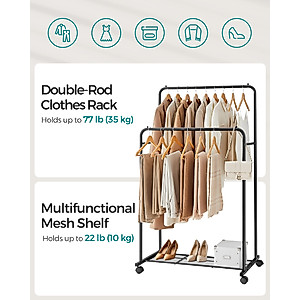 SONGMICS Double Rods Clothes Rack with Wheels, Clothing Rack for Hanging Clothes, Heavy Duty Garment Rack with Mesh Storage Shelf, 2 Brakes, Each Top Rail Holds up to 77 lb, Black UHSR26BKV1