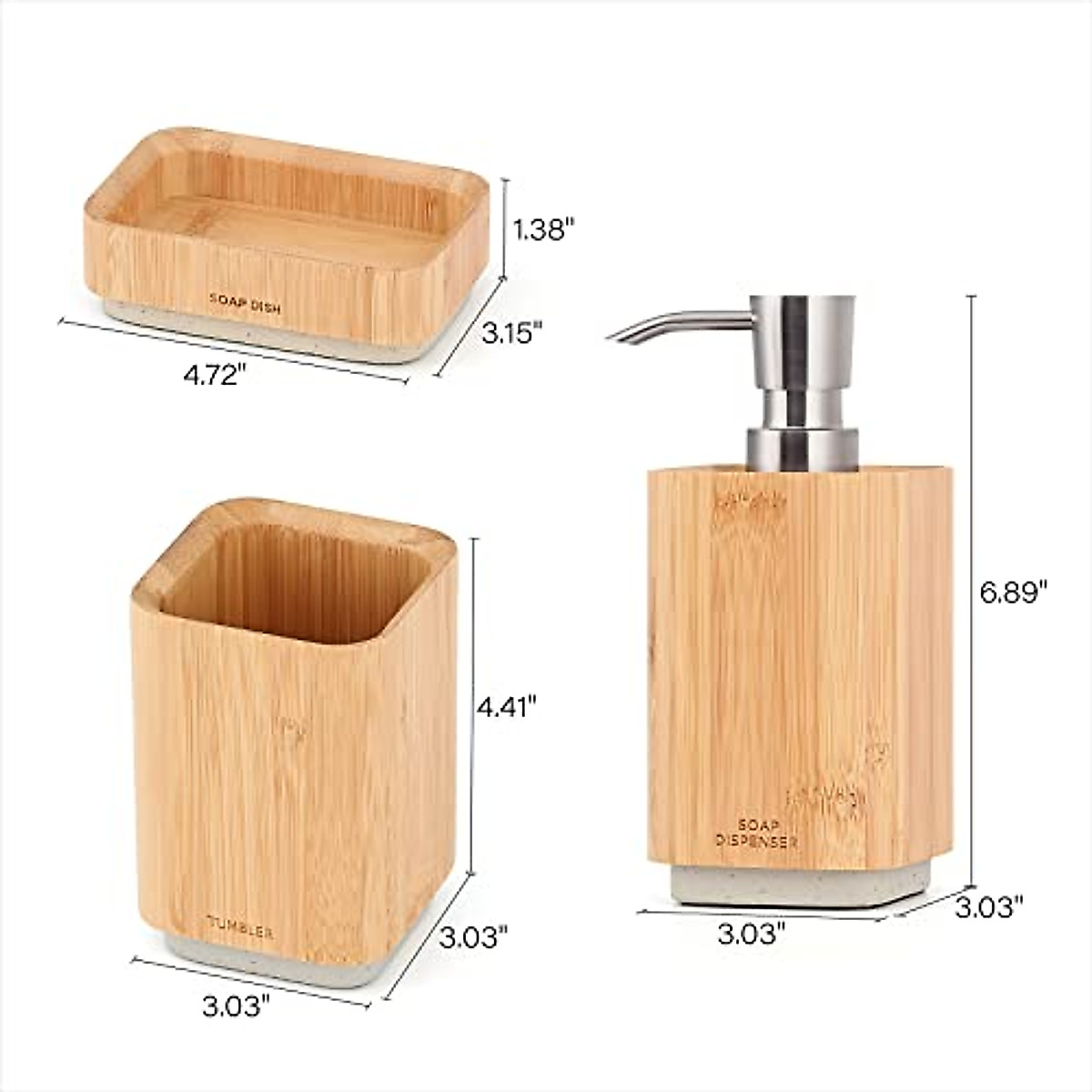 Bamboo Bathroom Accessories Set, Bamboo Wood Bathroom Accessories Include Bamboo Soap Dispenser, Tumbler, Soap Dish, with Concrete Base