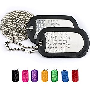 GoTags Personalized Dog Tags, Custom US Military ID Necklace Set , Steel Ball Chain and Tag Silencers, Stainless Steel, Black, Blue, Green, Gold, Pink, Purple, or Red