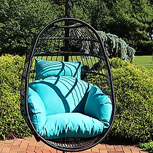 Sunnydaze Penelope Black Steel and Polyethylene Wicker Hanging Egg Chair with Turquoise Polyester Seat Cushions - Bohemian Single Lounge Chair Swing - Collapsible Nylon Rope Back - 45-Inch Tall