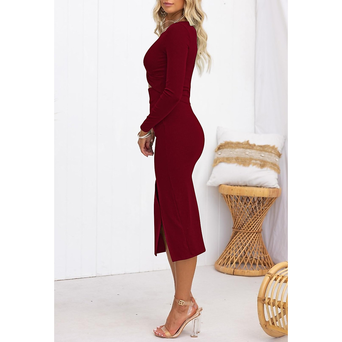 Pink Queen Knit Bodycon Dresses for Women Long Sleeve Cutout Twist Ruched Slit Christmas Date Night Midi Dress Red M