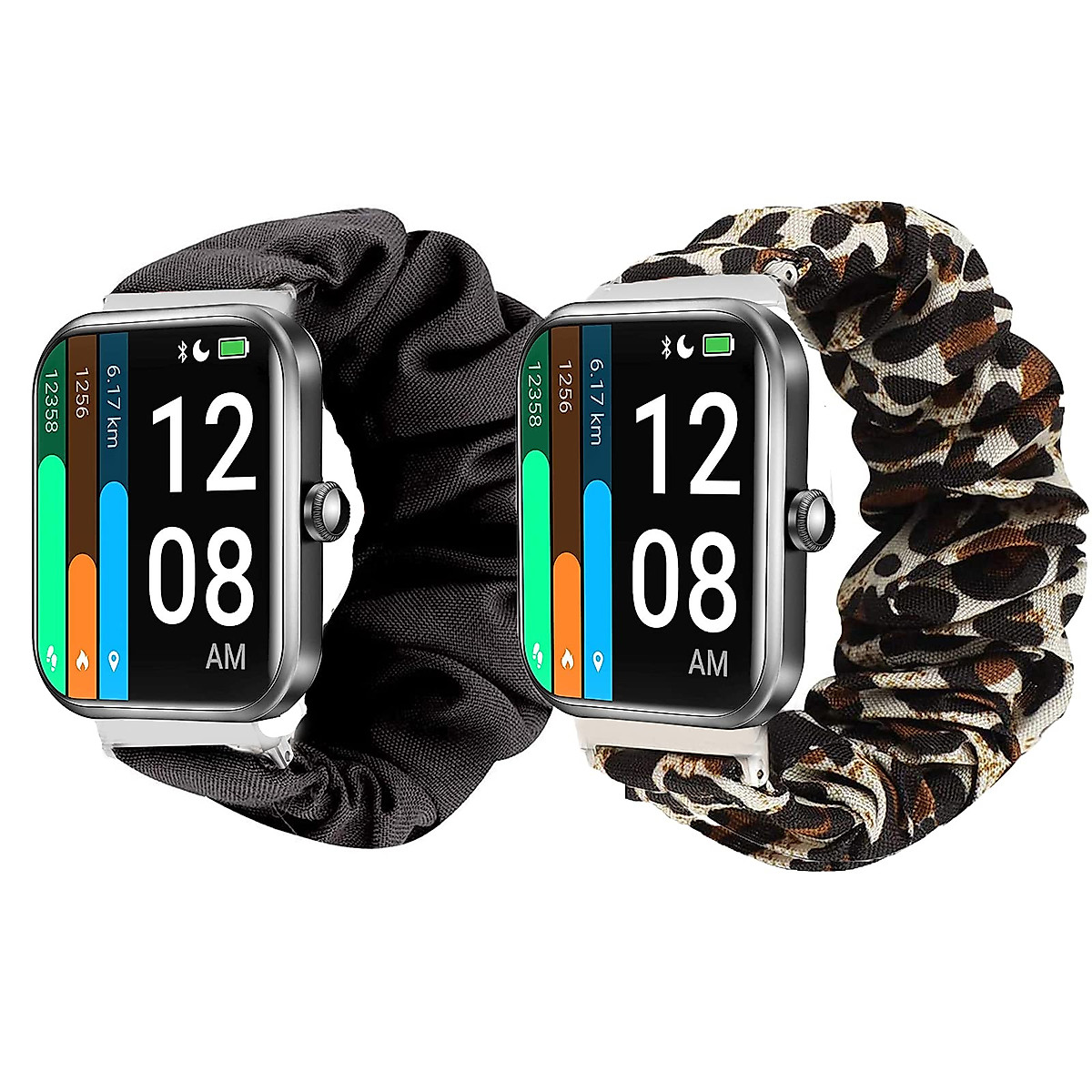Compatible with TOZO S2 Band, Lamshaw Fabric Elastic Scrunchie Elastic Women Cute Replacement Straps Compatible for LETSCOM ID206 1.69" Smartwatch / YAMAY 1.69 Inch ID206 Smartwatch (2 pack-Black+Leopard print)