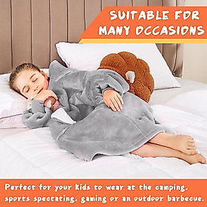 Ramees Wearable Blanket Hoodie for Kids, Sherpa Oversized Sweatshirt Blanket Flannel with Hood Pocket and Sleeves (Grey)