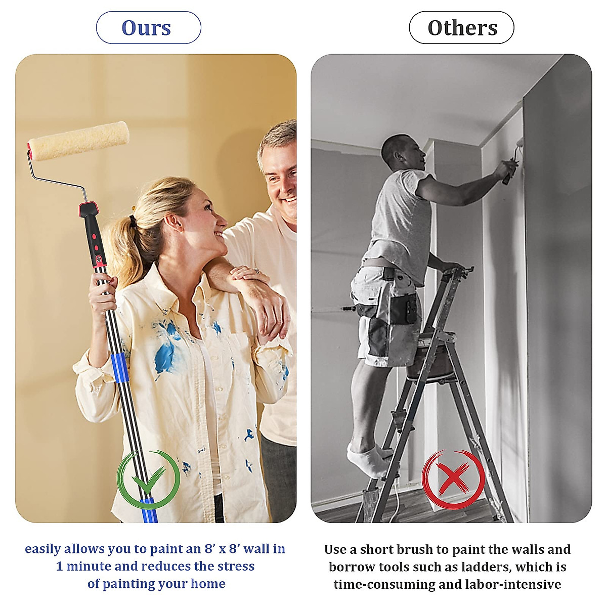 FLY HAWK Paint Roller,4 FT Brush kit Multi-Function Paint Roller kit with House Paint Roller Brush Stainless Steel Pole, New Splicing Rod, Mural Brush for Walls and Ceiling (White) (4 FT)