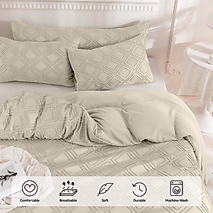 JELLYMONI Cream Grey Duvet Cover Queen Size - 3PCS Microfiber Tufted Duvet Cover Set, Boho Textured Duvet Cover Jacquard Rhombus Geometric Pattern Duvet Cover with Corner Ties & Zipper Closure