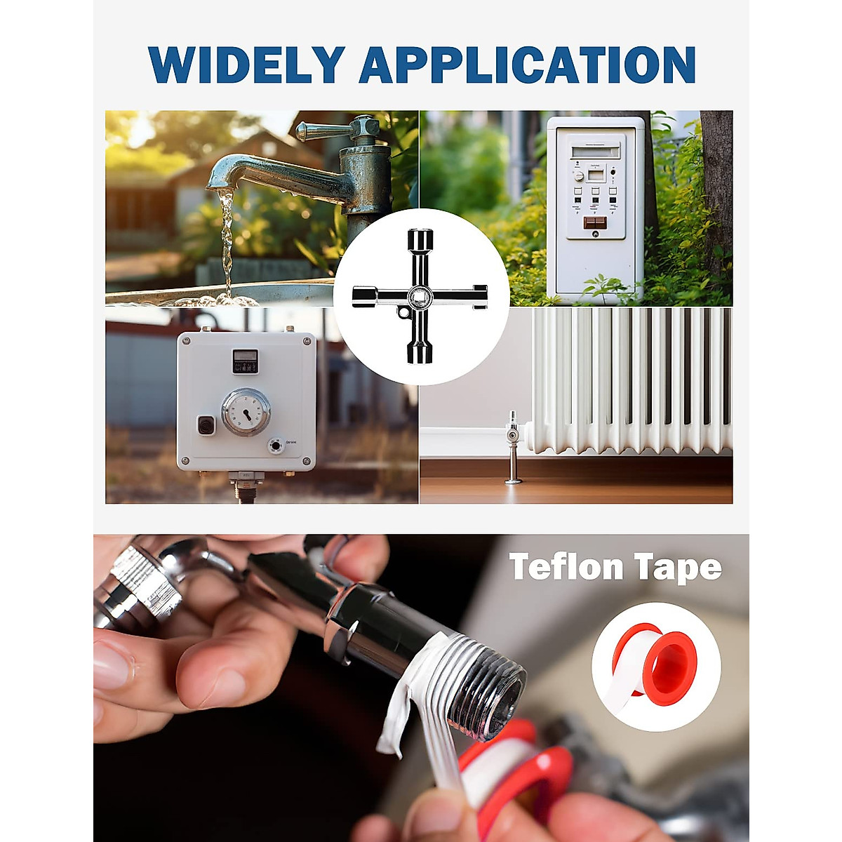 JOYTUTUS 12 Inch Multifunctional Water Meter Tool with 4-Way Key & Teflon Tape, T-Handle Valve Key