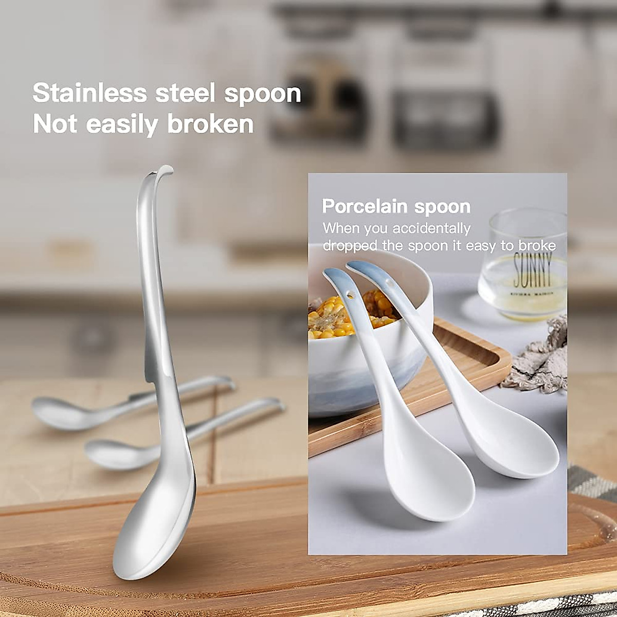 Asian Soup Spoons,Stainless Steel Dinner Spoons 10pcs Rice Spoons, Chinese Won Ton Soup Spoon, Notch and Hook Style