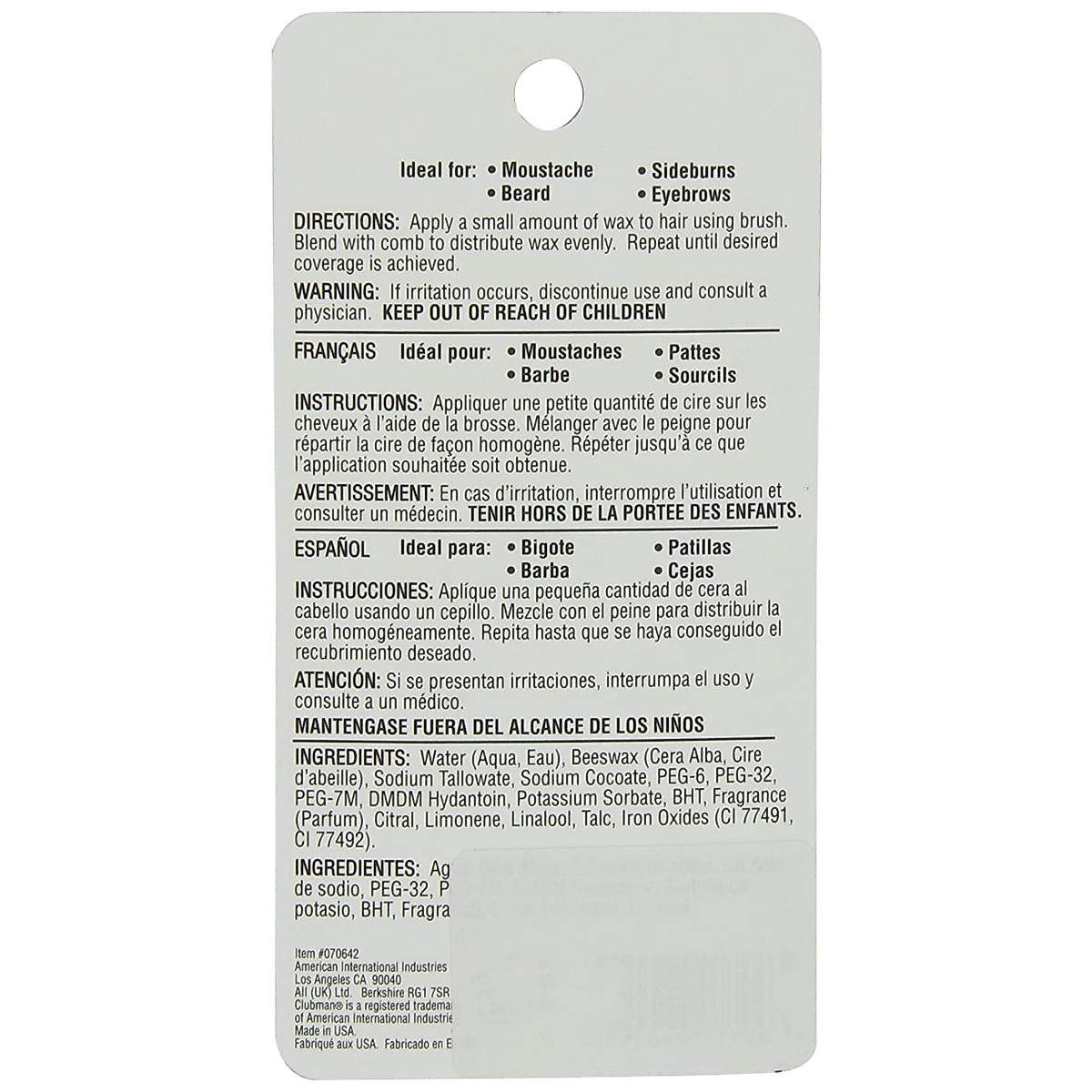 Clubman Pinaud Moustache Wax in Chestnut, Strong Hold, Natural Color Blend for Styling Beards, Sideburns, and Eyebrows 0.50 Fl Oz (Pack of 6)