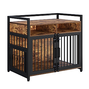Dog Crate Furniture, 48" Heavy Duty Dog Kennel with 2 Drawers End Table, Double Doors, 360°and Adjustable Raised Feeder,Indoor Dog House End Table,Heavy Duty Dog Kennel for Large/Medium Dog Indoor