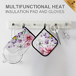 Lavender Flowers Watercolor Oven Mitts Pot Holder Sets Spring Summer Non-Slip Kitchen Heat Resistant Hot Pads for Women Cooking Gloves Baking BakeWear BBQ Gifts