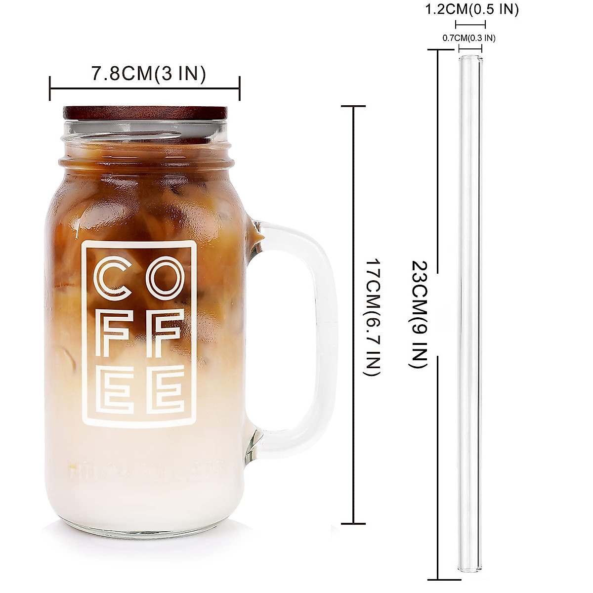ANOTION Mason Jar Iced Coffee Cup with Handle, 24oz Regular Mouth Mason Jars with Lid and Straw Glass Coffee Drinking Glasses Tumbler Reusable Cups Bottles for Travel Office Home
