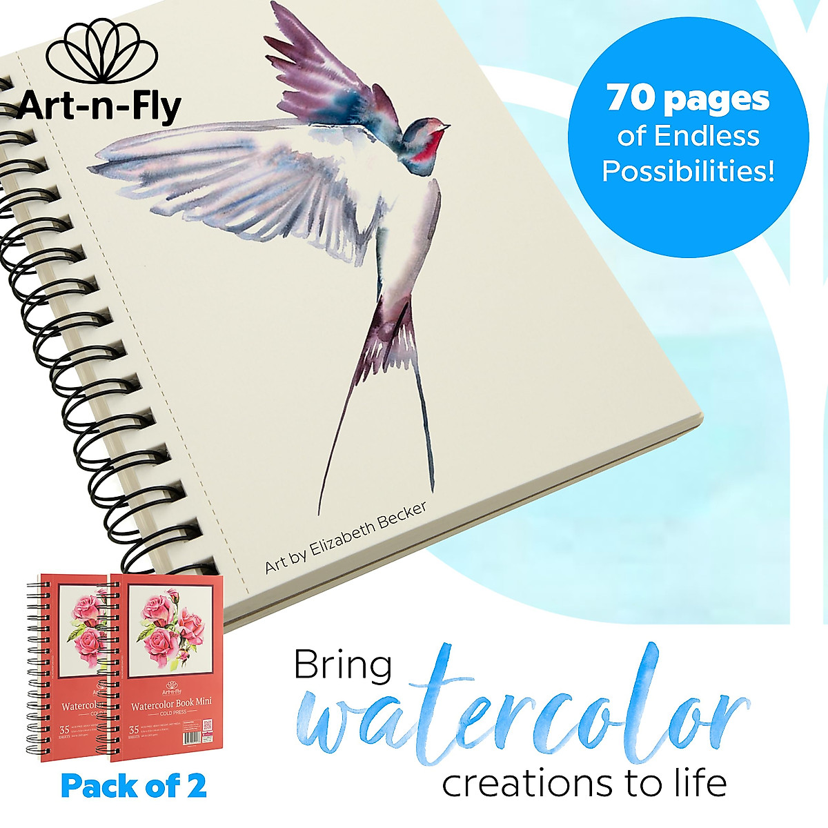 Art-n-Fly 5.5 x 8.5 in Watercolor Sketchpad Mini Book - 2 pack x 35 Sheets Each- Spiral Bound and Microperforated - 300gsm / 140lb 8.5x5.5