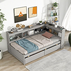 DNChuan Twin Size L-Shaped Corner Daybed with Bookcase Headboard,Captains Bed with Underneath Storage Drawers for Kids Adults,No Box Spring Needed,Grey
