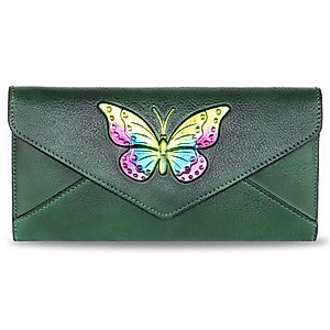 Genuine Leather Wallets for Women RFID Blocking Purse Vintage All in One Organizer Handmade Long Wallet Luxury Clutch (Green)